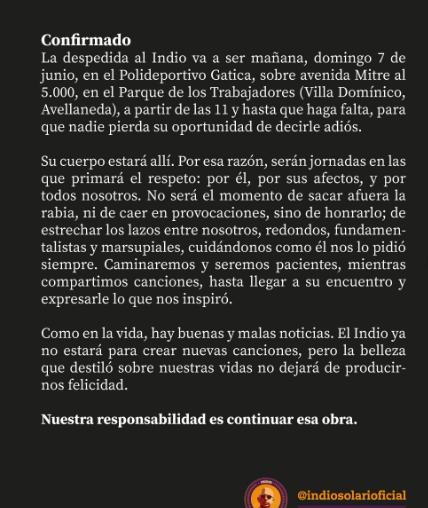 Oficializan que la despedida al Indio Solari será en Parque Domínico ...